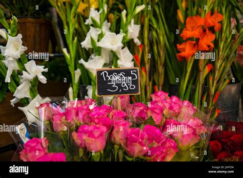 Roses For Sale In Paris Flower Shop With Labels Displaying Euros Stock