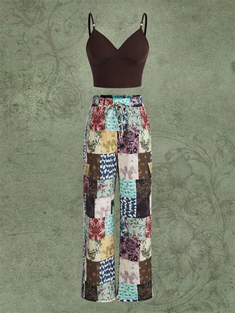 ROMWE Hippie Solid Cami Top Patchwork Print Wide Leg Pants SHEIN USA