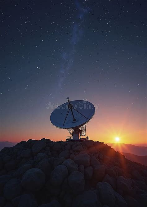 Landscape With Radio Telescopes On Ground And Satellites In Starry