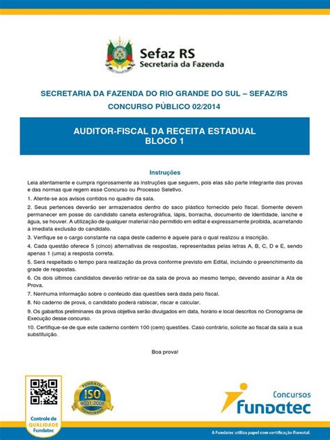 Fundatec 2014 Sefaz Rs Auditor Fiscal Da Receita Estadual Bloco 1 Prova