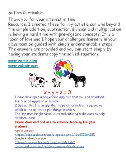 Algebra For Autism Combining Variables In Simple Steps With Visual Supports