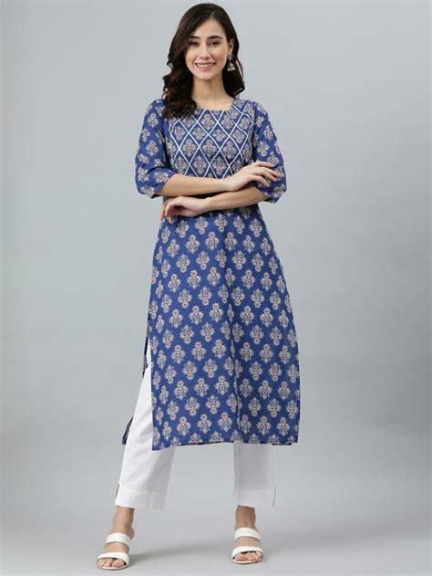 Buy Janasya Womens Blue Cotton Floral Print Straight Kurta Online At