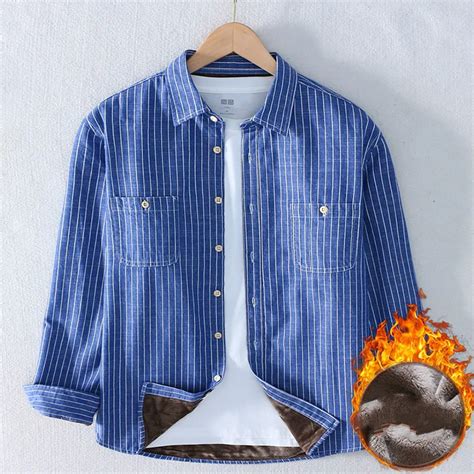 2020 겨울 남성 캐주얼 데님 스트라이프 셔츠 100 면 두껍고 따뜻한 긴 소매 상의 남성 셔츠 신제품 남성 셔츠 4xl캐쥬얼 셔츠 Aliexpress