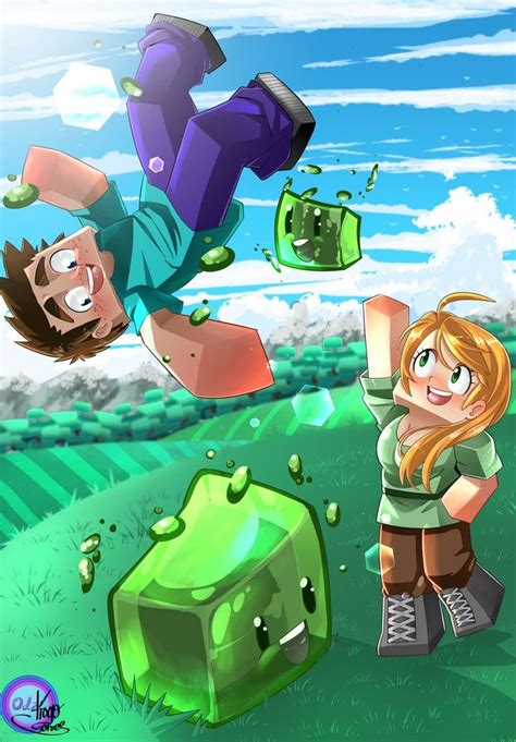 Steve And Alex Playing With Slimes By B0ss23 On Deviantart Minecraft Pictures Minecraft Art