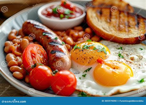 A Classic English Breakfast With Fried Eggs Sausages Baked Beans And