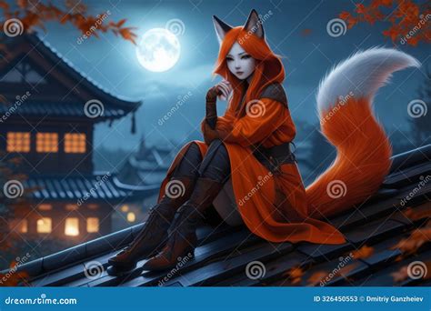 Nighttime Kitsune On Roof Stock Illustration Illustration Of Reflection 326450553