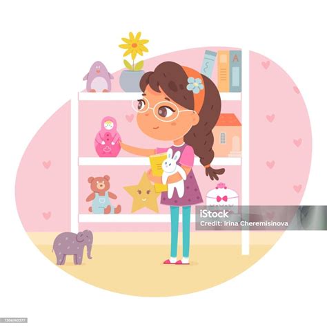 바닥에서 선반에 장난감을 넣어 소녀 가사를 돕는 아이는 침실 벡터 일러스트를 청소하는 데 도움이됩니다 지저분한 방에서 책과