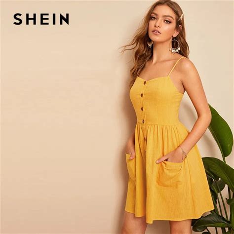 Shein Boho Yellow Sleeveless Pocket Patch Button Front Shirred Slip Mini Dress Women Casual