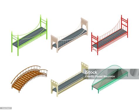 Jembatan Tetap Terbuat Dari Kayu Dan Logam Dengan Balok Dan Set Vektor