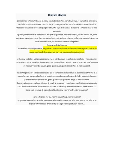 Reservas Y Recursos Mineras Pdf Minería Minerales