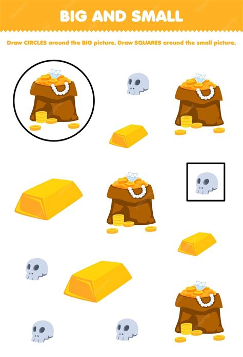 아이들을 위한 교육 게임은 귀여운 만화 보물 금과 두개골 인쇄 가능한 해적 워크시트의 원과 사각형을 그려서 크거나 작은 크기로 정렬합니다 프리미엄 벡터