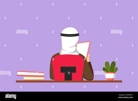 Cartoon Flat Style Drawing Back View Of Arab Man Sitting At Desk And