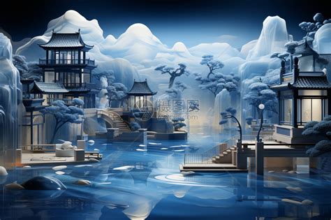 中式古风的山间建筑景观插画图片下载 正版图片600441824 摄图网
