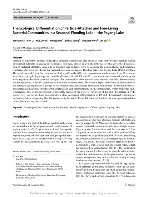 The Ecological Differentiation Of Particle Attached And Free Living Bacterial Communities In A
