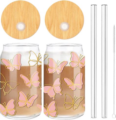 Whaline Butterfly Glass Cups With Bamboo Lids And Straws