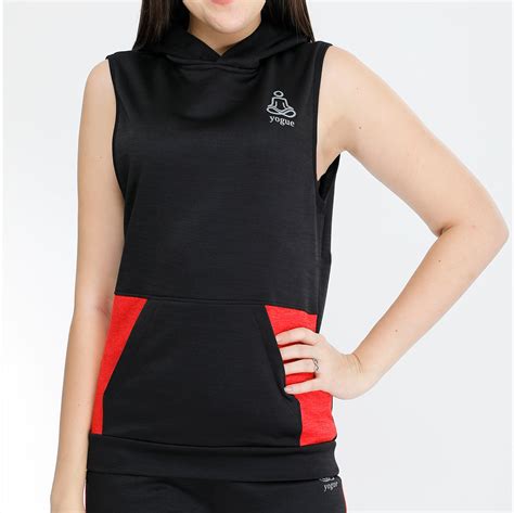Black Red Sleeveless Hoodie Yogue Activewear