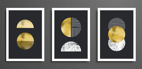 현대 미니멀 한 중반 세기 스타일의 추상적 인 배경의 세트 벽 예술 프린트 디자인 간단한 기하학적 모양 보호 라인 아치 질감 원 태양 달 무지개 골든 서클 텍스처 금 금속에