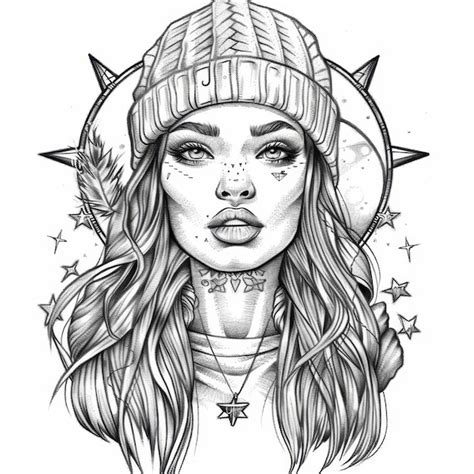 A Tattoo Drawing Of A Woman With Long Hair And A Beanie Premium Ai