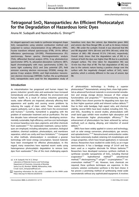 Pdf Tetragonal Sno2 Nanoparticles An Efficient Photocatalyst For The