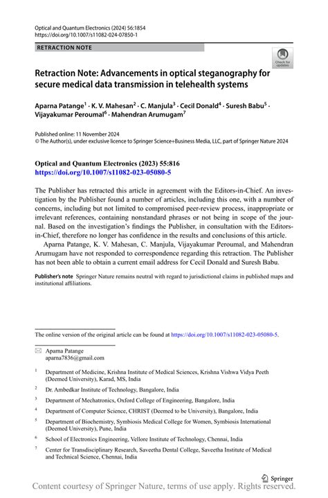 Retraction Note Advancements In Optical Steganography For Secure Medical Data Transmission In