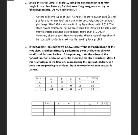 Solved 2 Set Up The Initial Simplex Tableau Using The