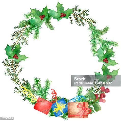 수채화 손 그린 자연 휴일 축하 새해 원 화환 프레임 녹색 크리스마스 트리 전나무 분기 호랑 가시 나무 빨간 열매와 잎과 초대