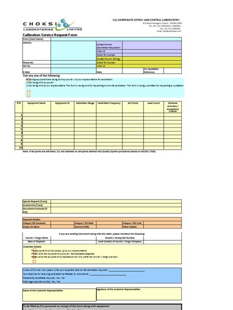 Calibration Service Request Form Cll Corporate Office And Central Laboratory Pdf