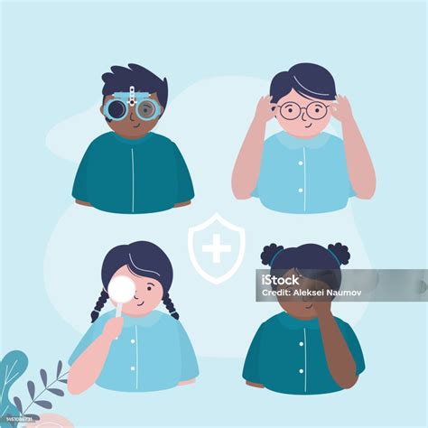 작은 다민족 아이들은 시력을 검사합니다 안과 의사의 어린이 시험 세트 시력 검사를위한 도구 안과 시력 검사 건강 관리 어린이