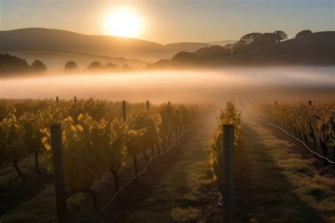 Premium AI Image Misty Morning In Vineyard With Sunrise Over The