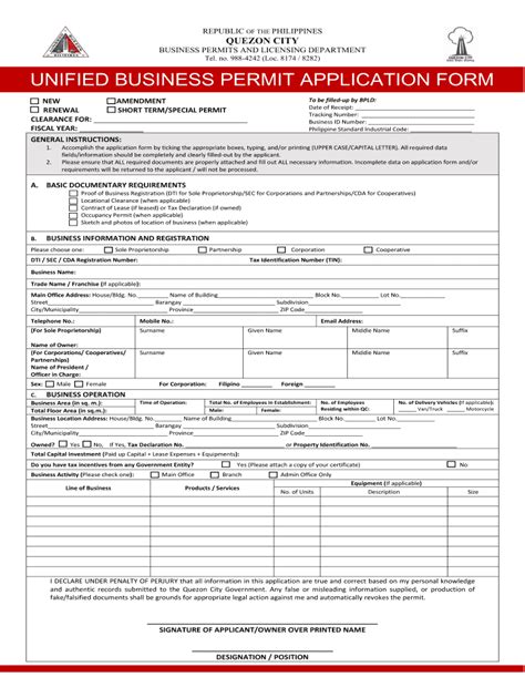 Unified Business Permit Application Form Quezon City Fill Out Sign
