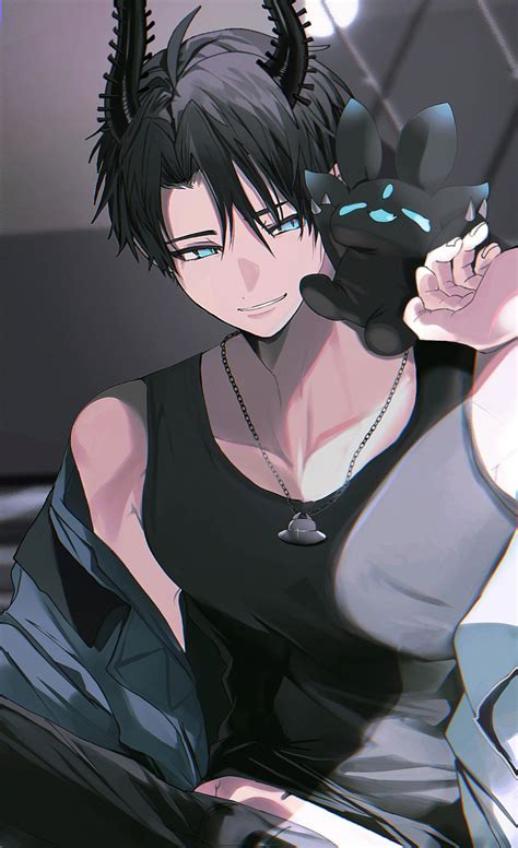 Safebooru 1boy Bare Shoulders Black Hair Black Tank Top Blue Eyes