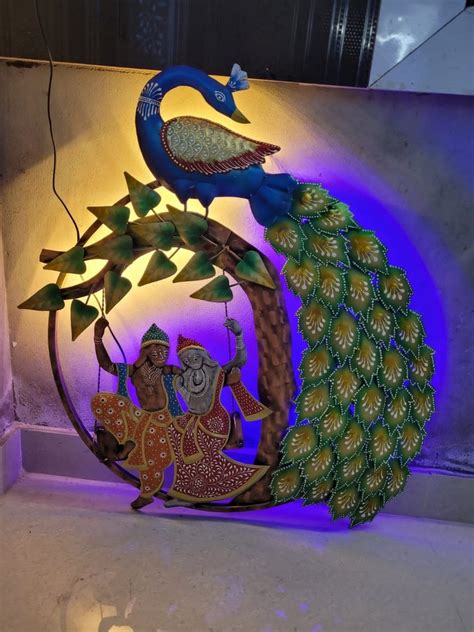 Multicolor Metal Amazing Peacock Art With Led Radha Krishna Wall Art At