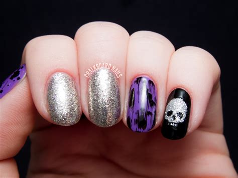 Pop Punk Skittlette With Glittery Skull And Distressed Accents Chalkboard Nails Nail Art Blog