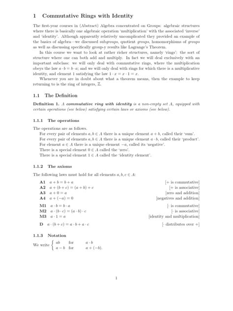 1 Commutative Rings With Identity 1 1 The Definition Pdf Ring Mathematics Field