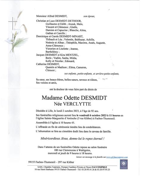 Madame Odette Desmidt Née Verclytte Pompes Funèbres Faucomprez