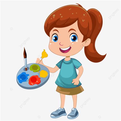 일러스트레이터 클립 아트 페인트 브러시와 팔레트를 들고 있는 귀여운 만화 소녀 벡터 일러스트레이터 클립 아트 만화 Png 일러스트 및 벡터 에 대한 무료 다운로드