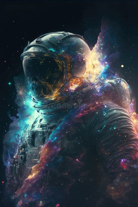 Surreal Image Of Astronaut With Floating Intrinsic Iridescent In Nebula
