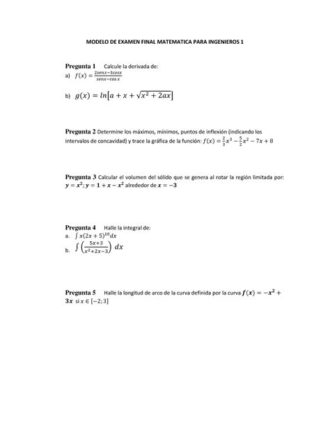 Modelo DE Examen Final Matematica PARA Ingenieros 1 MODELO DE EXAMEN