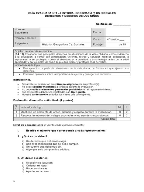 4° Básico Ev N°1 Derechos Y Deberes Del Niño Pdf Evaluación