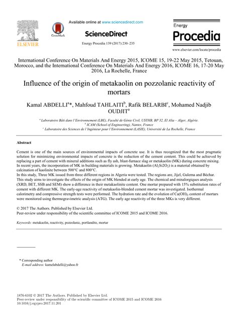 Pdf Influence Of The Origin Of Metakaolin On Pozzolanic Reactivity Of Mortars