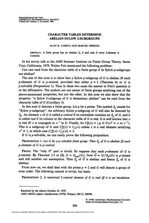 Pdf Shorter Notes Character Tables Determine Abelian Sylow 2 Subgroups