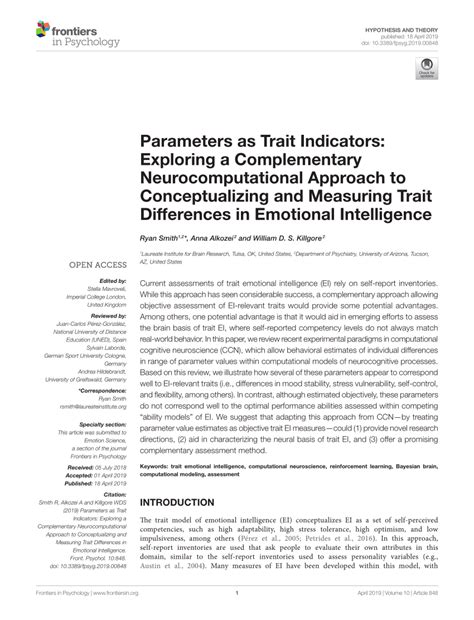 Pdf Parameters As Trait Indicators Exploring A Complementary Neurocomputational Approach To