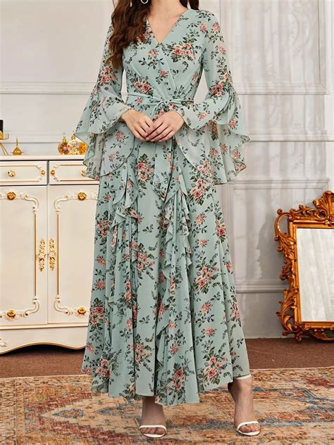 Floral Print Ruffle Trim Dress Elegant Tie Waist V Neck Flare Sleeve