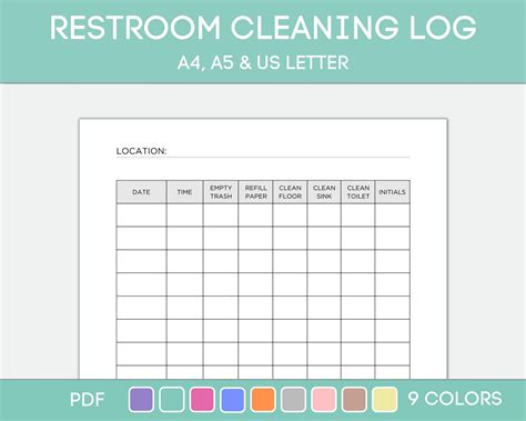 Printable Restroom Cleaning Editable Cleaning Log Bathroom Cleaning