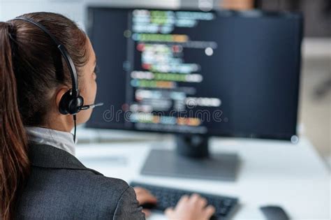 Young Woman Wearing Headset In It Support Stock Image Image Of