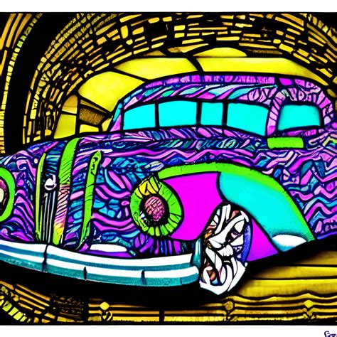 3d Low Rider Car Doodle Zentangle Drawing Stained Glass Style