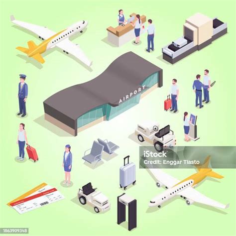 고립 된 이미지 건물 차량 기구 문자 승객 승무원 벡터 일러스트 레이 션으로 설정된 공항 등각 투영 공항에 대한 스톡 벡터 아트