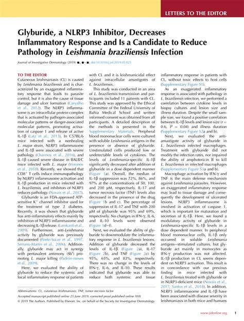Pdf Glyburide A Nlrp3 Inhibitor Decreases Inflammatory Response And