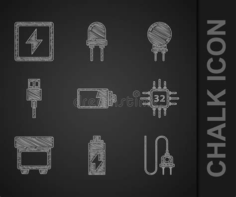 Set Battery Charge Level Indicator Electric Plug Processor With Microcircuits Cpu Fuse Usb