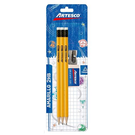 Lápiz ARTESCO 2Hb Amarillo Blíster X 3 und Borrador Tajador